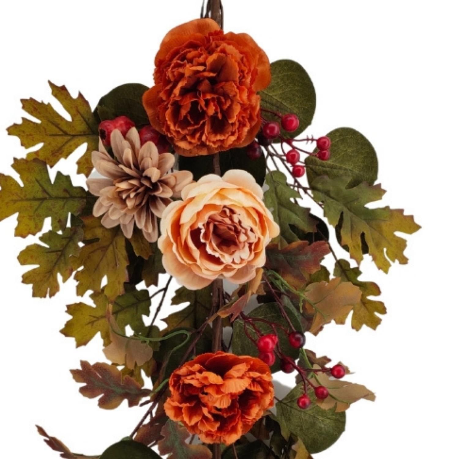 Faux Dahlia Peony Oak Leaf Fall Teardrop Swag - Christmas Picks and ...